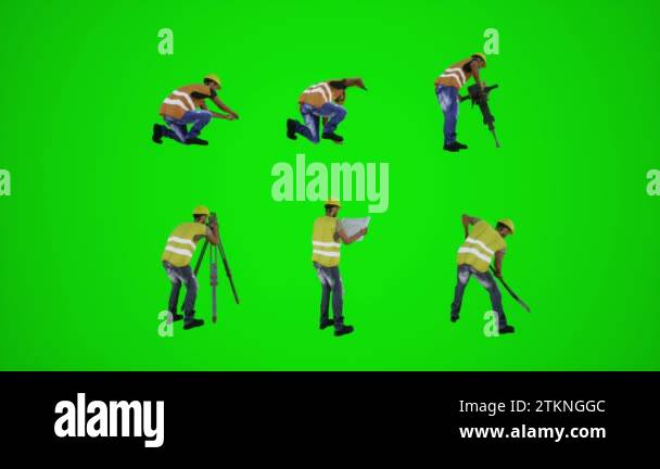 3d green screen construction workers measuring pounding with hammer ...