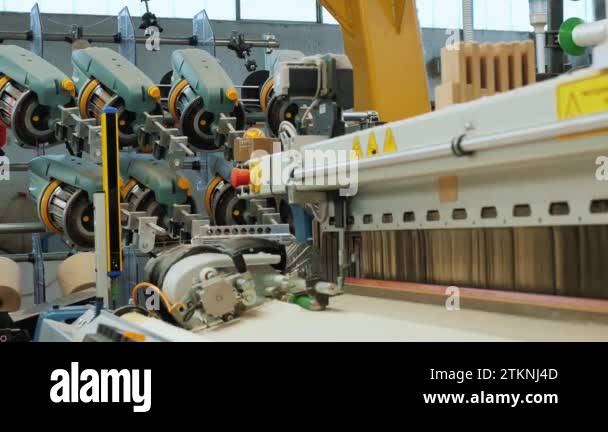 facilities of weaving machine. Close-up. industrial weaving loom ...