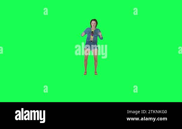 3D animated girl in jeans finding something front angle green screen 3d ...