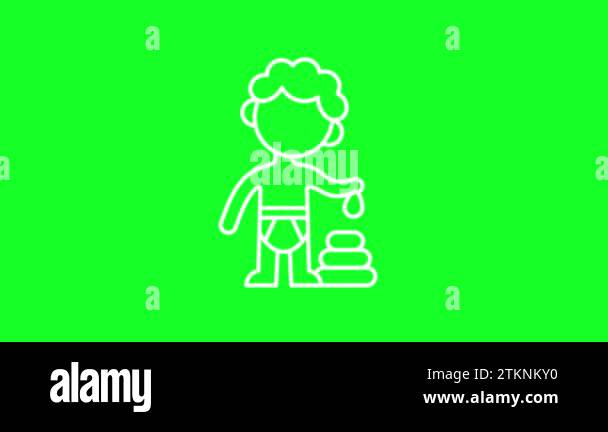 Animated toddler white line icon. Child in diaper playing game. Loop HD ...