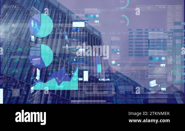 Animation of infographic interface over low angle view of building ...