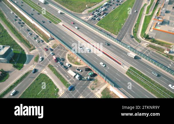 Aerial top view of highway junction interchange road. Drone view of the ...