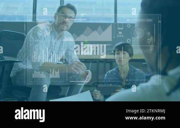 Animation of graphs, loading bars, globe over diverse coworkers sharing ideas in office. Digital ...
