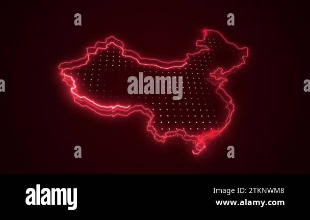 3D Neon Red China Map Borders Outline Loop Background. Neon Red Colored ...