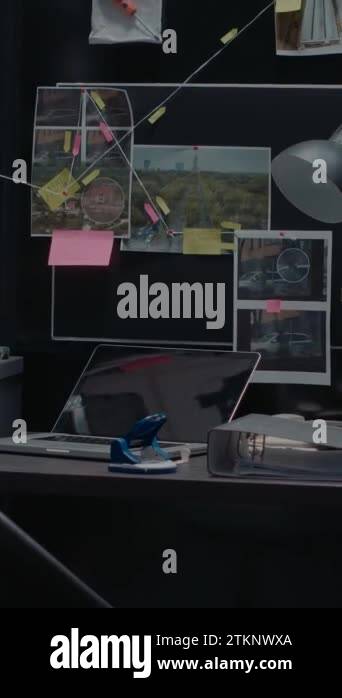 Vertical video: Evidence room office with detective board and desk ...