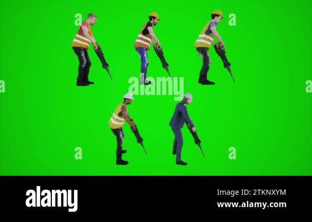 3d green screen construction workers digging the ground with hole ...