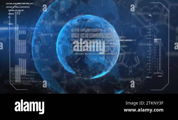 Animation of globes with connected dots and screens with computer ...