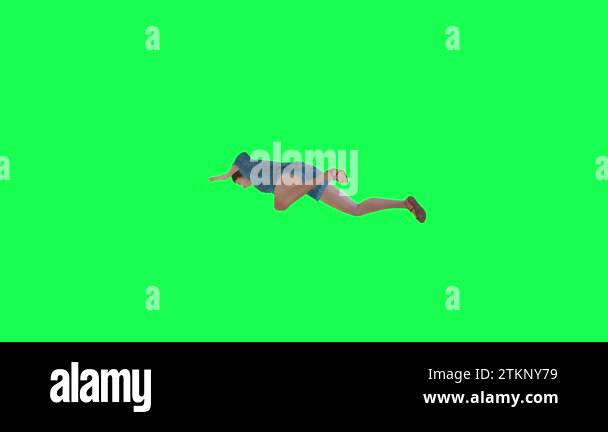 3D animated girl in jeans falling from height back angle green screen ...