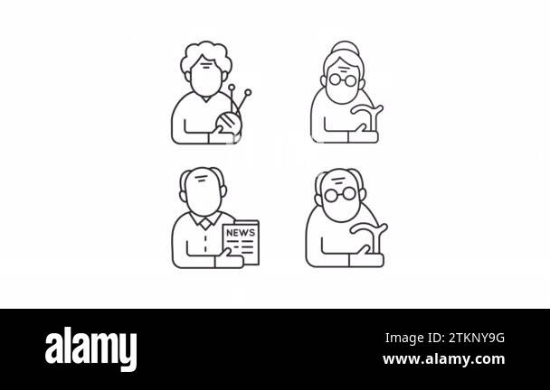Animated elders linear icons. Grandmother and grandfather. Senile man ...