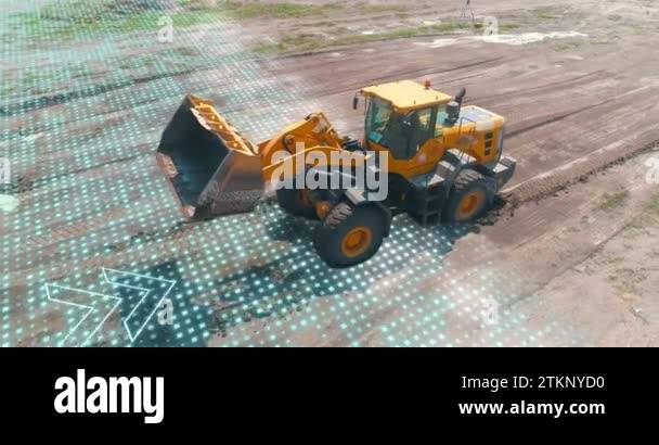 Smart bulldozer at the construction site. Smart building concept. Construction visualization ...