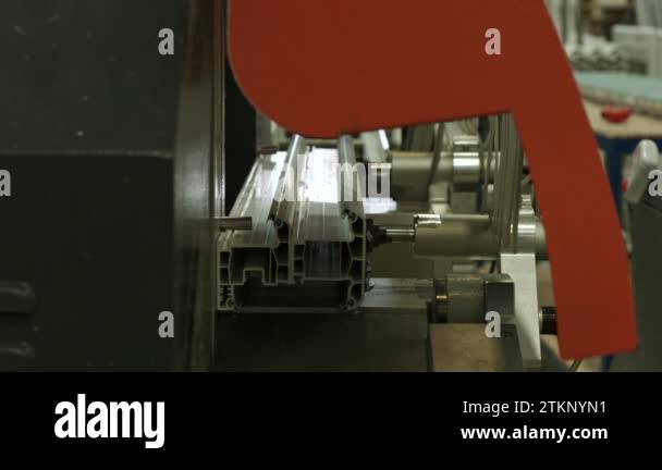 Cutting of PVC profile with circular saw, manufacture of plastic ...