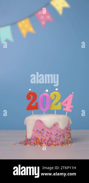 Happy New Year 2024, seamless looping of cute cake with colorful candle ...