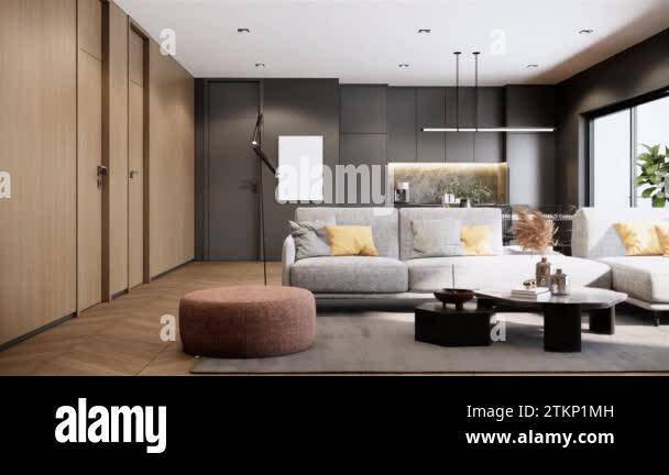 Contemporary interior design of the apartment stylish. interior of black kitchen-living room. 3d ...