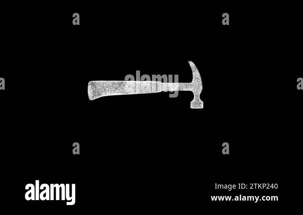 3D hammer rotates on black bg. Object dissolved white flickering ...