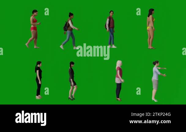 3D several different female students green screen background standing ...