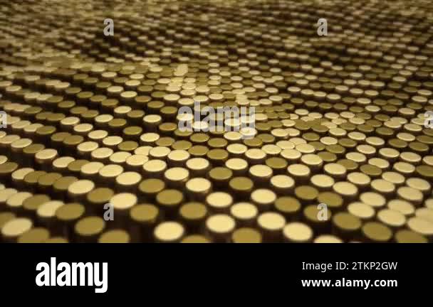 Golden cylinders moving waving flow. Wave surface. 3D cylinders ...