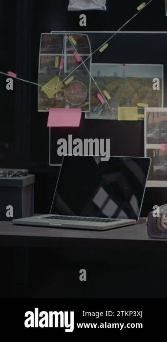 Vertical video: Empty incident room equipped with photos and witness ...