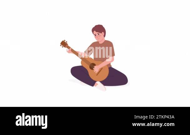 Animated pleased man playing guitar. Self teaching musical instrument ...