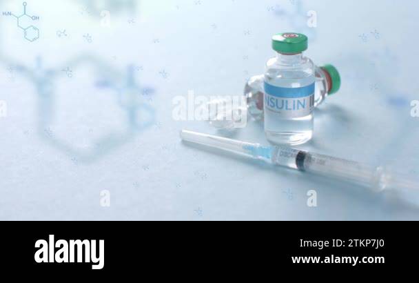 Element structure diagram over syringe and insulin vials. Science ...