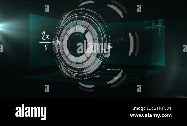 Animation of interface with round scanner and data processing against mathematical equations ...