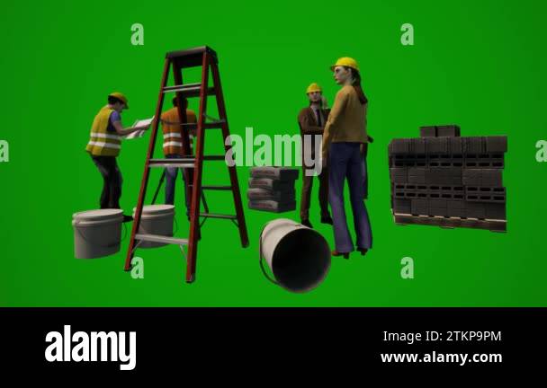 3D multi worker and construction supervisor green screen working and ...