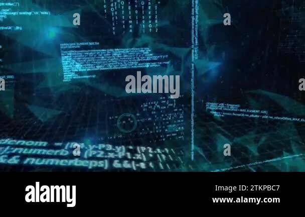 Animation of flowchart icons, dna helix, computer language and connected dots over black ...