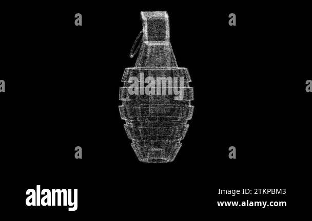 3D hand grenade rotates on black bg. Object dissolved white flickering ...