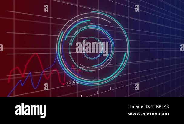 Animation of neon round scanner and statistical data processing against purple gradient ...