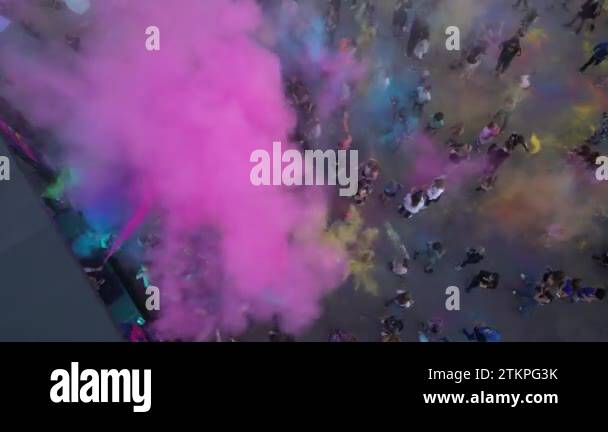 Aerial Flight Above Dancing People Crowd On Holi Festival Of Colors ...