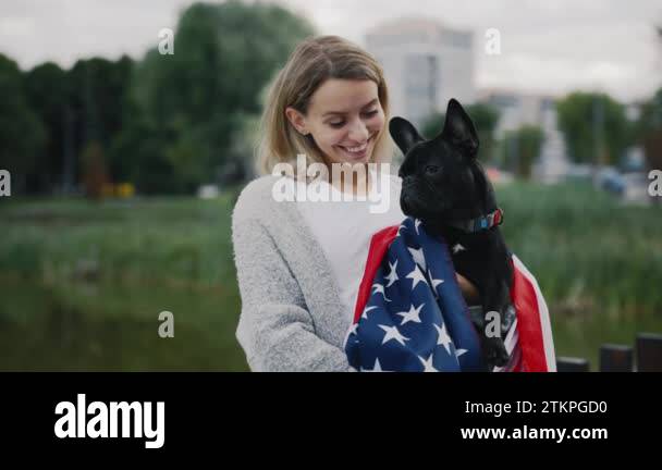 Portrait of the Caucasian Woman Owner Smiling Holding Her Little Black ...