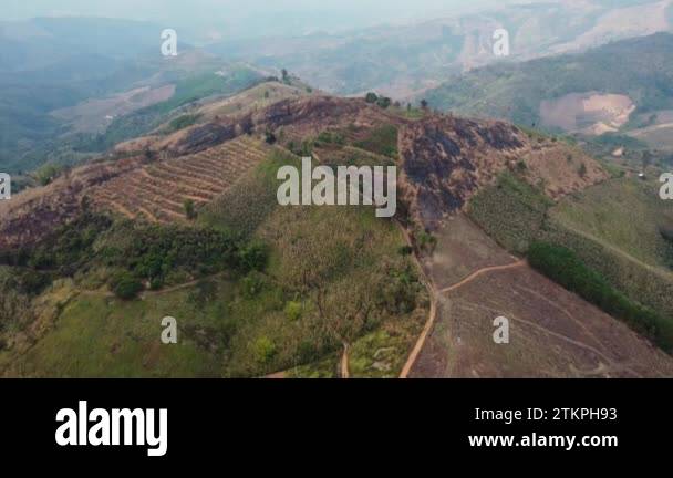Mountain destroyed by human for cultivate plants. Aerial view of ...