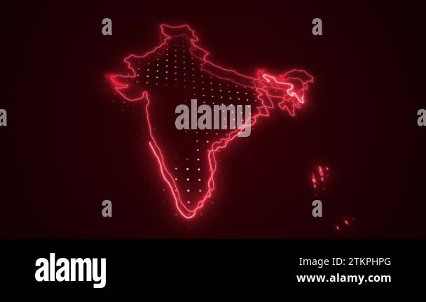 Neon Red India Map Borders Outline Loop Background. Neon Red Colored ...