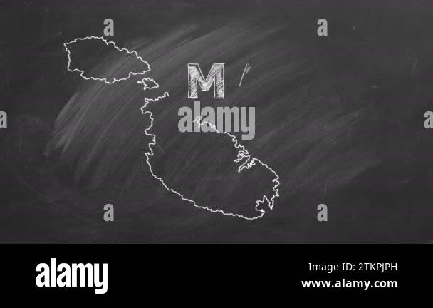 Map of Malta with name and flag inside drawn in chalk on a blackboard ...