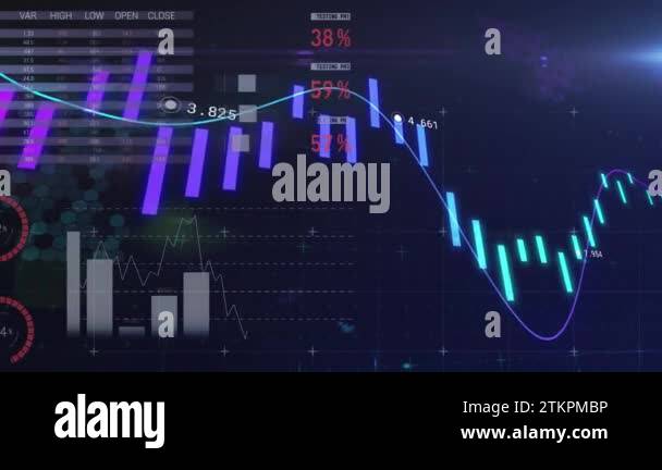 Animation of graph with changing numbers with infographic interface over black background ...