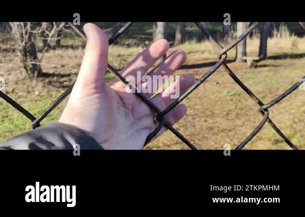iron grate. steel mesh. the hand is holding the grate. a man's hand ...