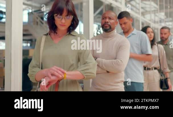 Line, queue and business diversity of people waiting at entrance for ...