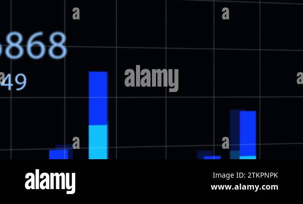 Animation of changing numbers, graphs, map on grid pattern over black background. Digitally ...
