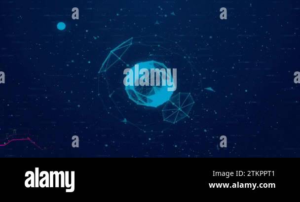 Animation of graphs over connected dots around globe against black background. Digitally ...