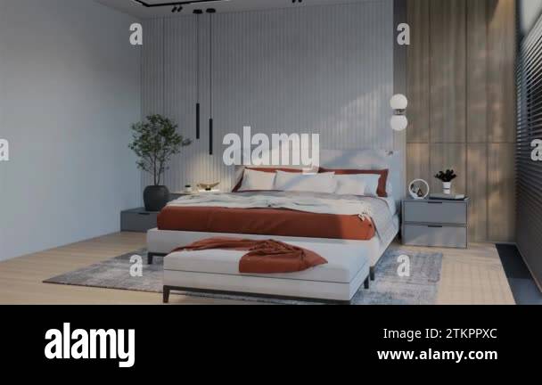Modern Luxury Bedroom Animation with apricot Color. 3D Illustration ...