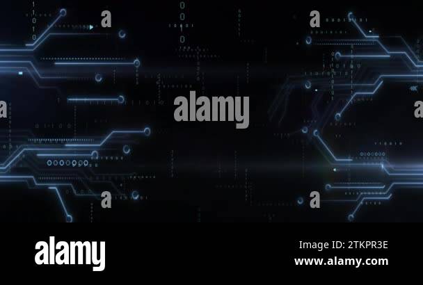Animation of lens flares over illuminated circuit board pattern and binary codes on black ...