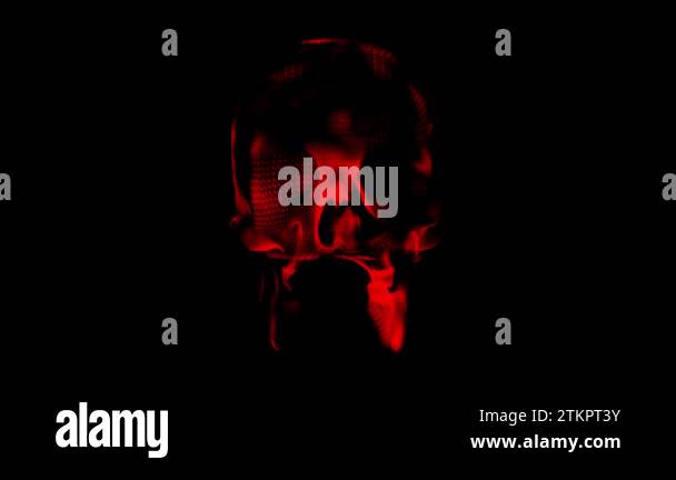 A human skull with red flashes on a black background. Skull scanning. A ...