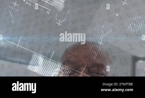 Animation of graph, changing numbers, binary codes, african american bald man wiping head ...