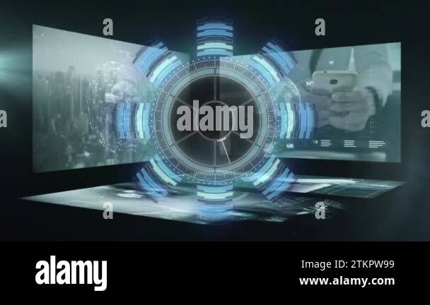 Animation of round scanner over screens with data processing and light spot against black ...