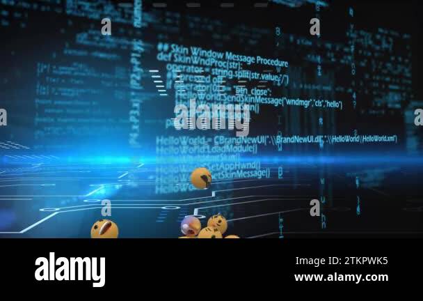 Animation of emoji icons over data processing on black background ...