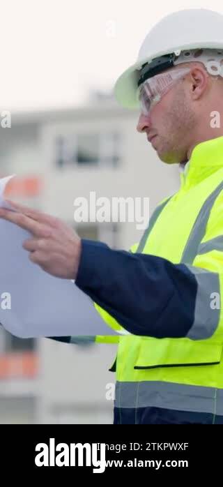 Engineer, blueprint and man with paper for city, planning and ...