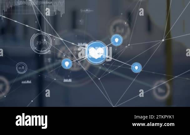 Animation of multiple icons connecting with lines over cars moving on street in city. Digital ...