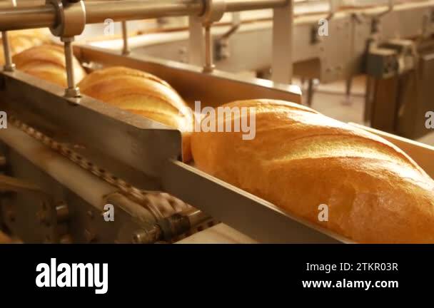 Freshly baked loaves are rolled out of the oven. Bread production in a ...