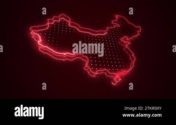 3D Neon Red China Map Borders Outline Loop Background. Neon Red Colored ...