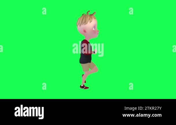Cartoon kid running isolated green screen left angle 3d people redner ...