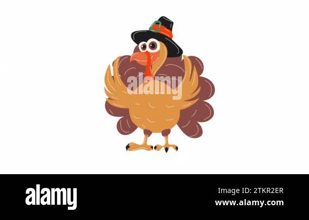 Cartoon Turkey in a pilgrim hat character animation. Video flat cartoon ...
